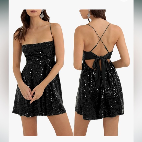 Dresses | Sparkle Sequin Mini Dress Spaghetti Strap Backless Glitter ...
